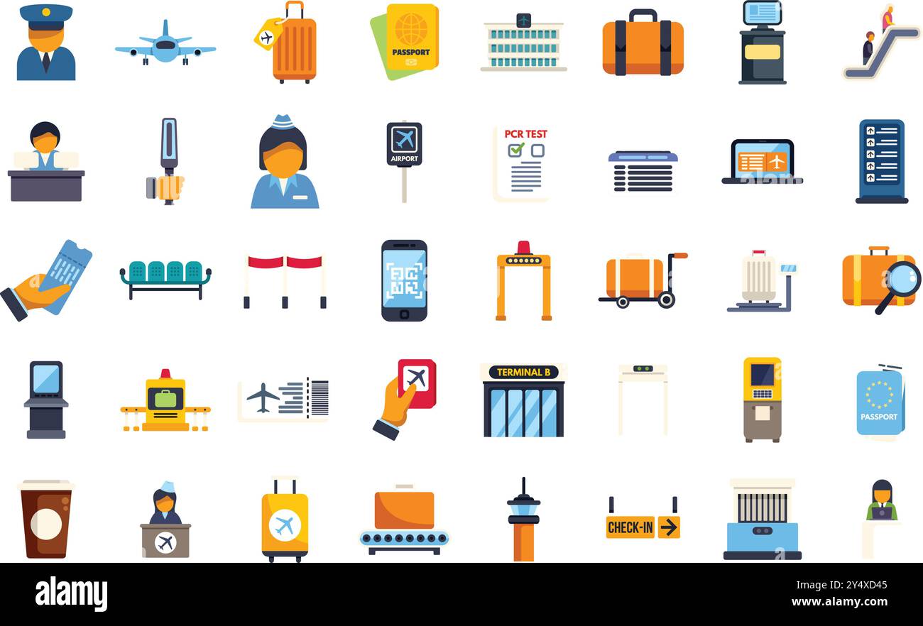 Airport icons showing passengers checking in, passing security, and ...