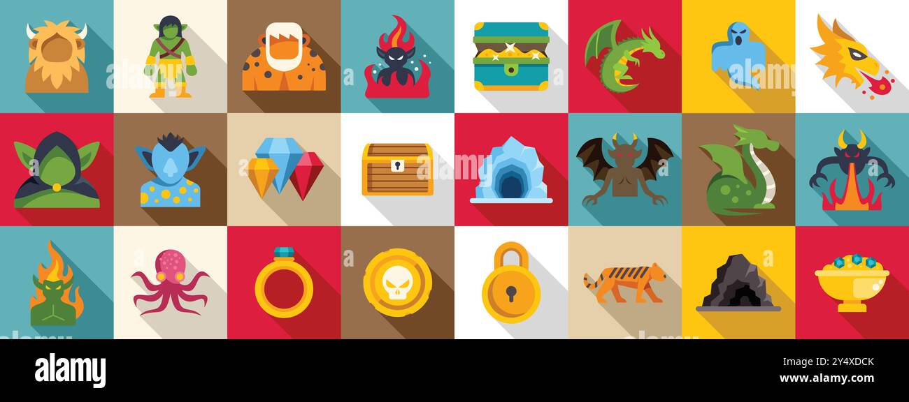 Guard treasure icons set. Collection of fantasy role playing game icons ...