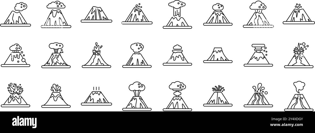 Volcano explosion icons set. Different stages of volcanic activity are ...
