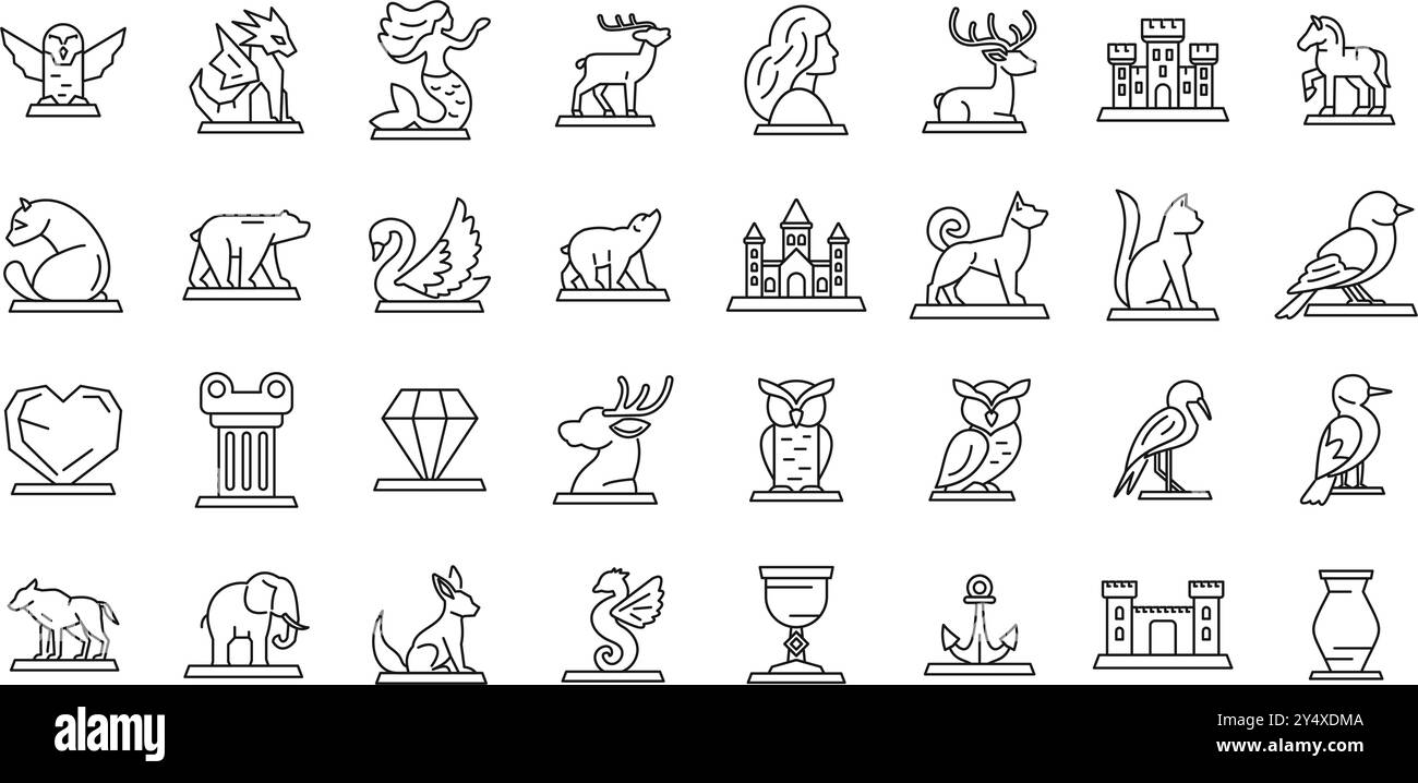 Ice sculpture icons set. Set of simple black and white heraldry statues ... Ice sculpture icons set. Set of simple black and white heraldry statues ...