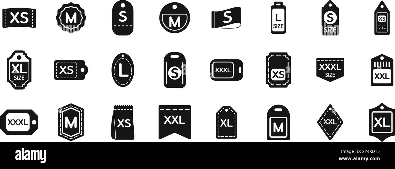 Size label cloth icons set. Clothes size tags icons set showing ...