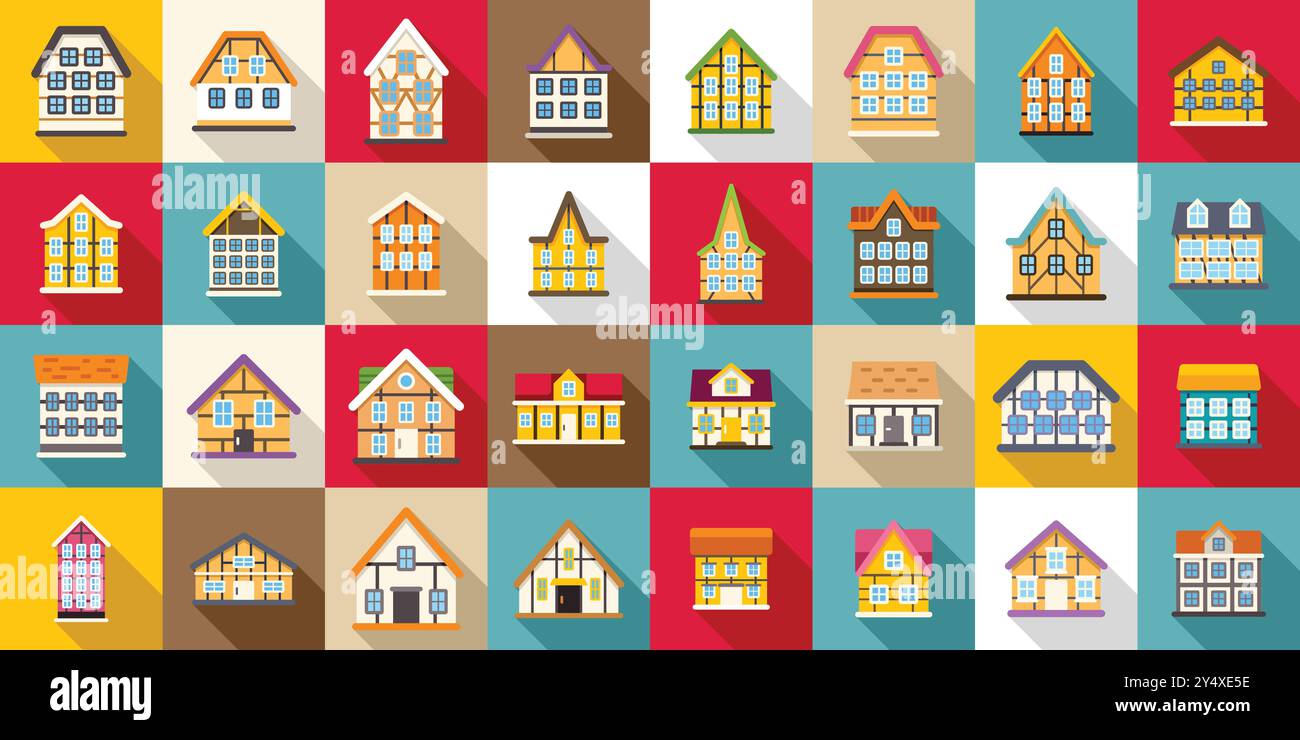 Traditional german houses icons set. Colorful european traditional half ...