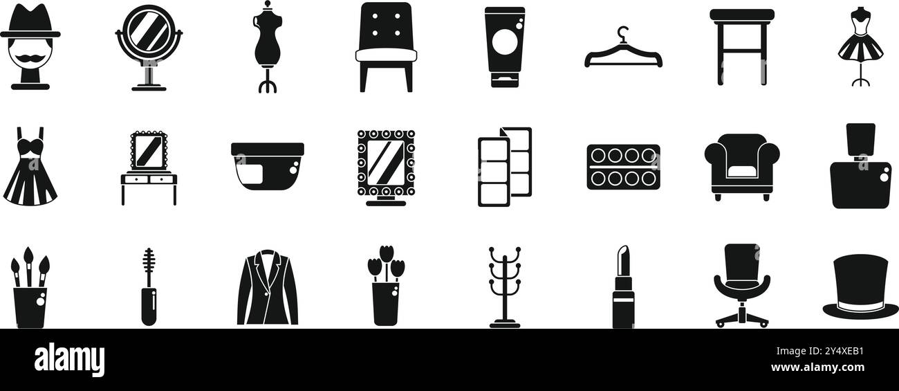 Backstage theater room icons set. Fashion designer studio icons set ...