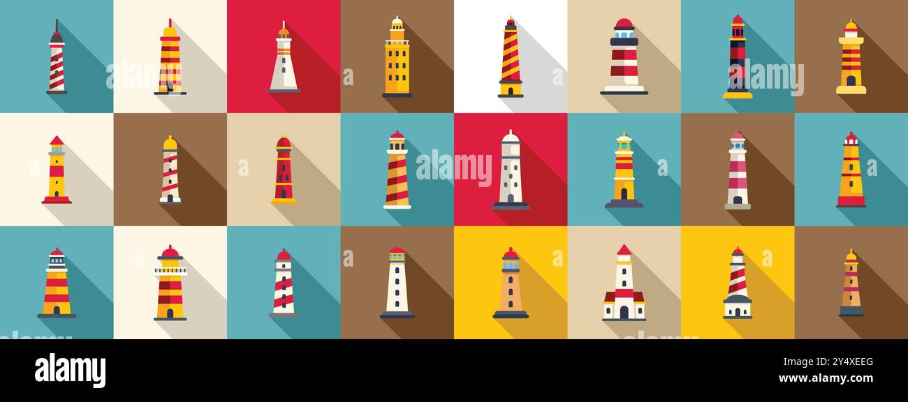 Beacon tower cliff icons set. Collection of various lighthouse icons ...