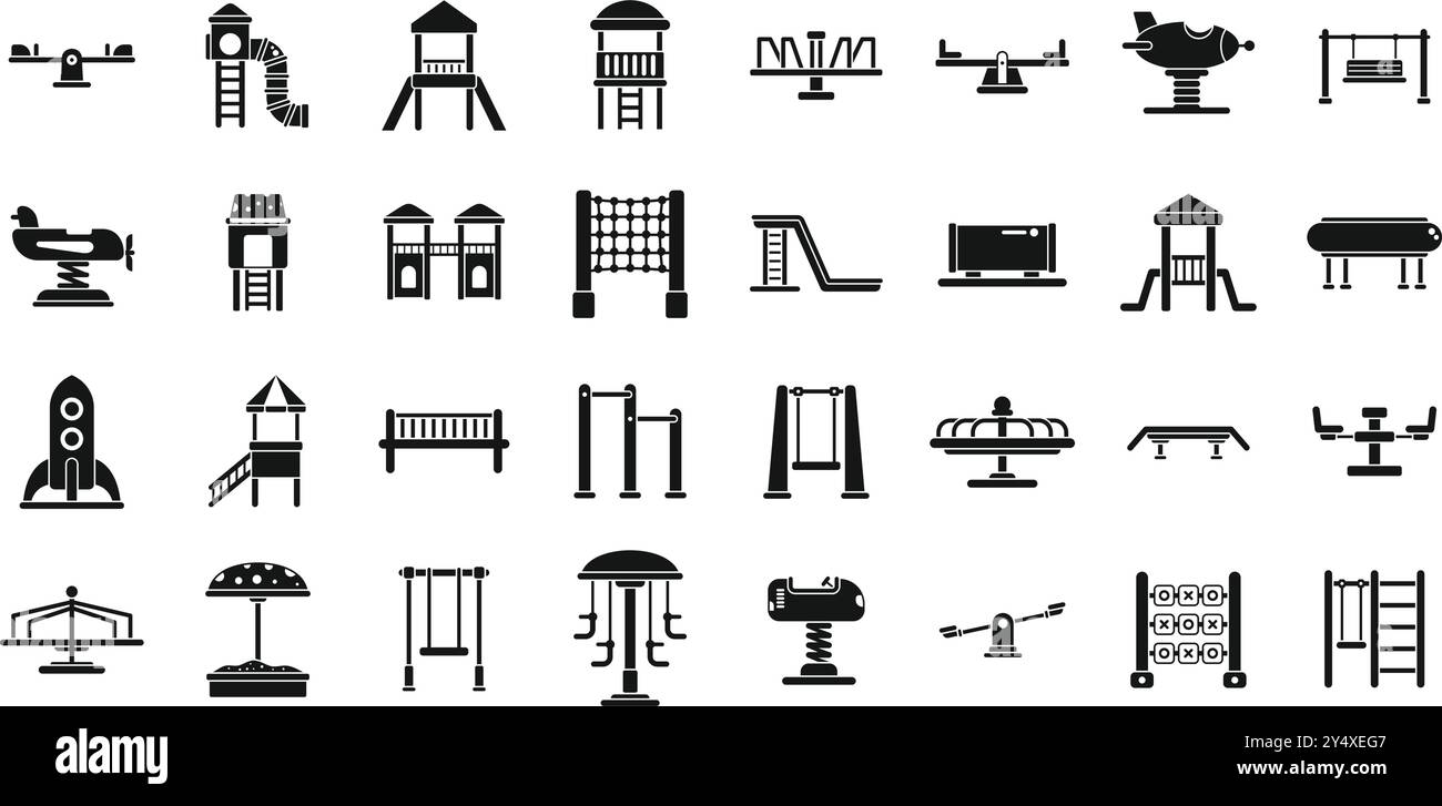 Kindergarten outdoor recreation area icons set. Kids playing equipment ...