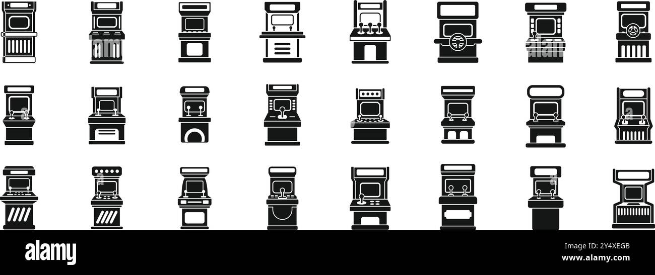 Retro arcade video game screen machine icons set. This set of arcade ...