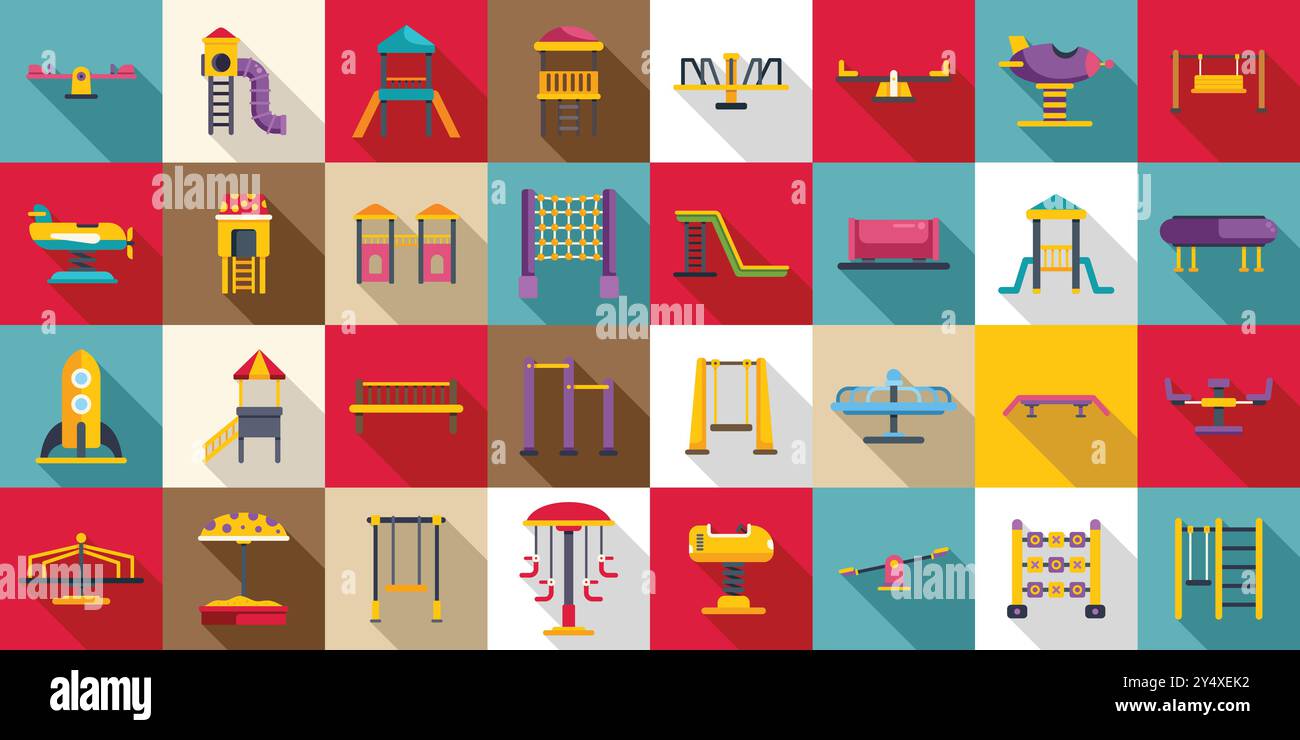 Kindergarten outdoor recreation area icons set. This colorful vector ...
