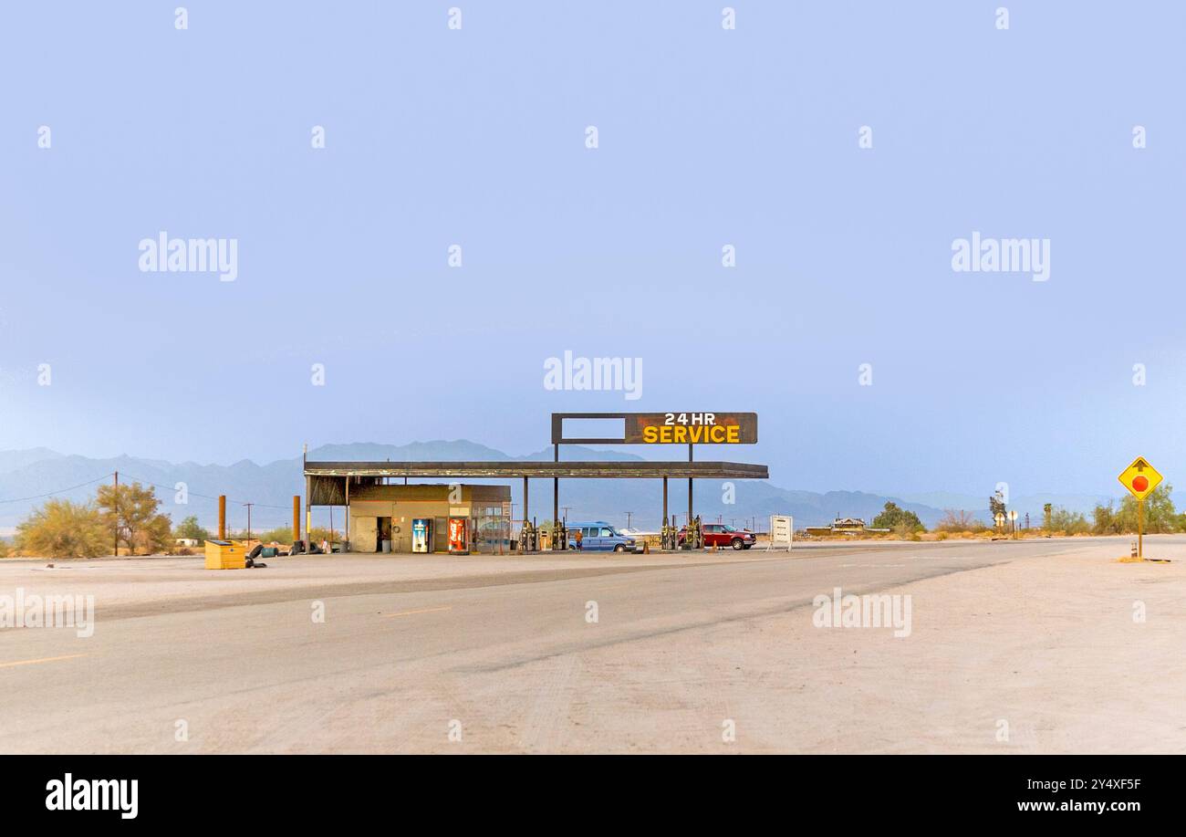Desert Center, USA - July 7, 2008: petrol station at desert center, a ...