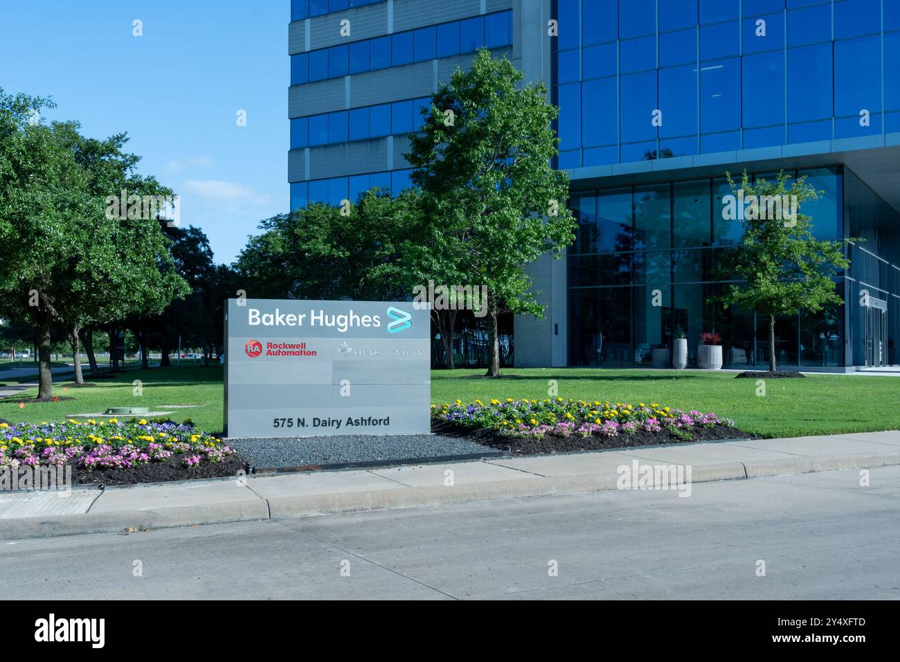 Baker Hughes close up logo sign outside its headquarters in Houston ...