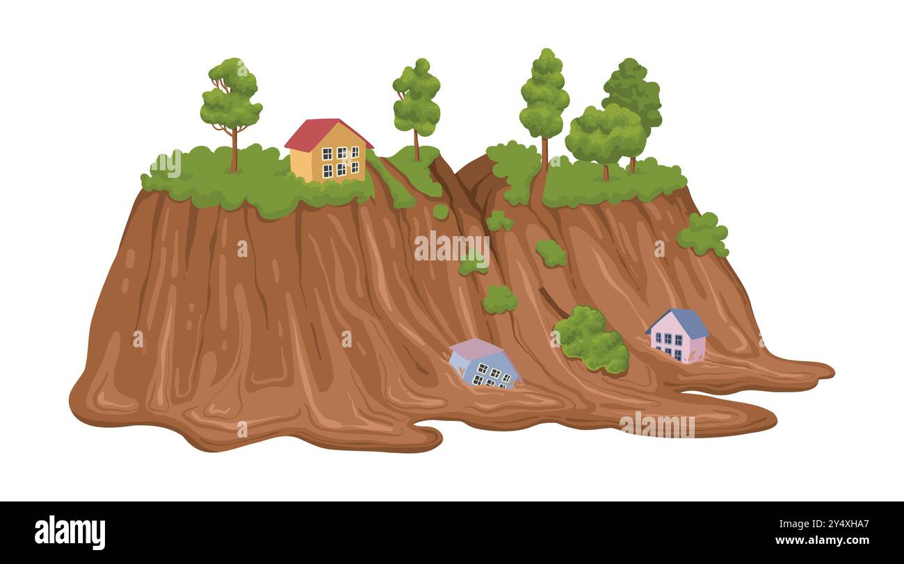 Cartoon mudflow, natural disaster. Landslide, mud stream with stones ...