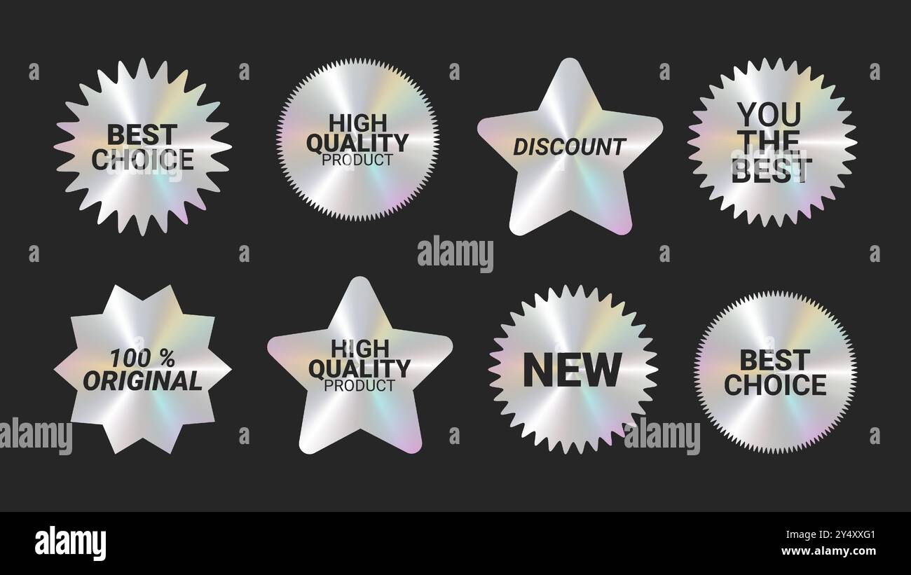 Holographic stickers logos emblem labels color set. Rainbow glow. For ...