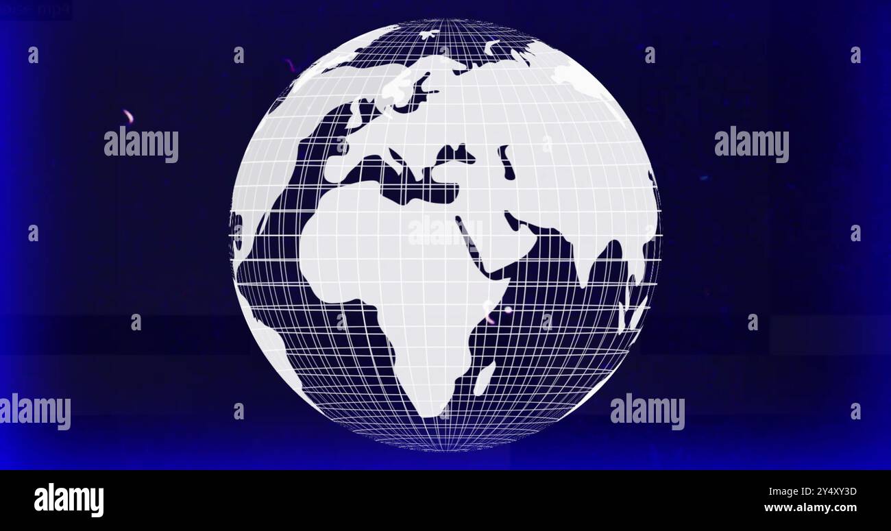 Rotating globe with grid lines image over dark blue background. Earth ...