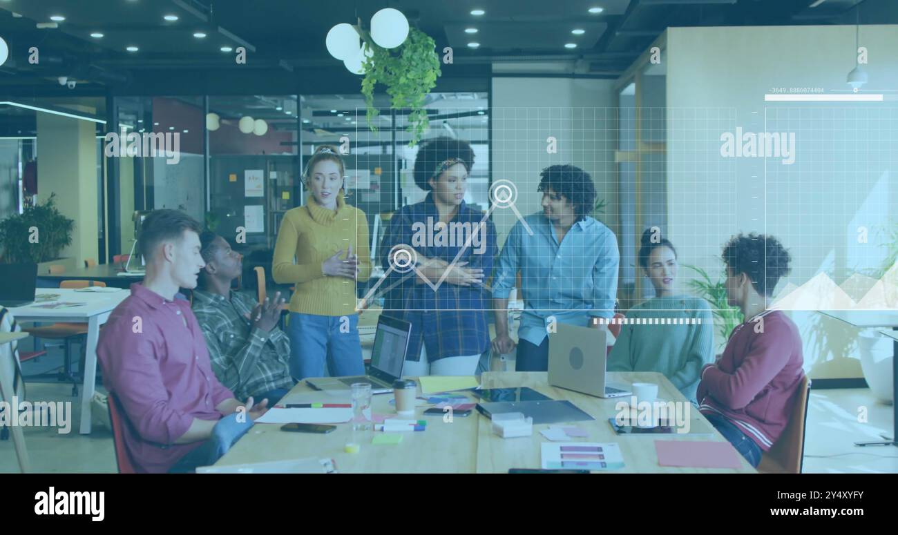 Business team in office discussing, data visualization image over ...