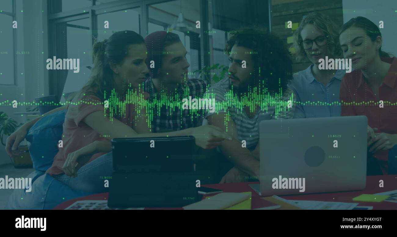 Green data visualization image over diverse team collaborating on ...