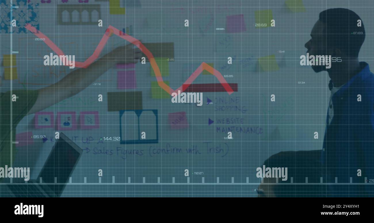 Declining stock market graph image over business meeting with charts ...