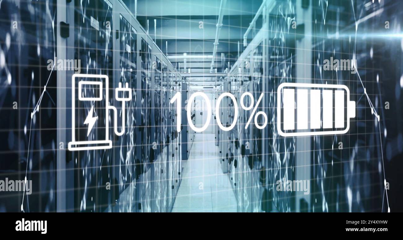 Image of battery charging and network of connections over server room ...