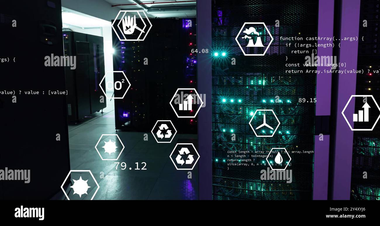 Image of ecology icons and data processing over server room Stock Photo ...