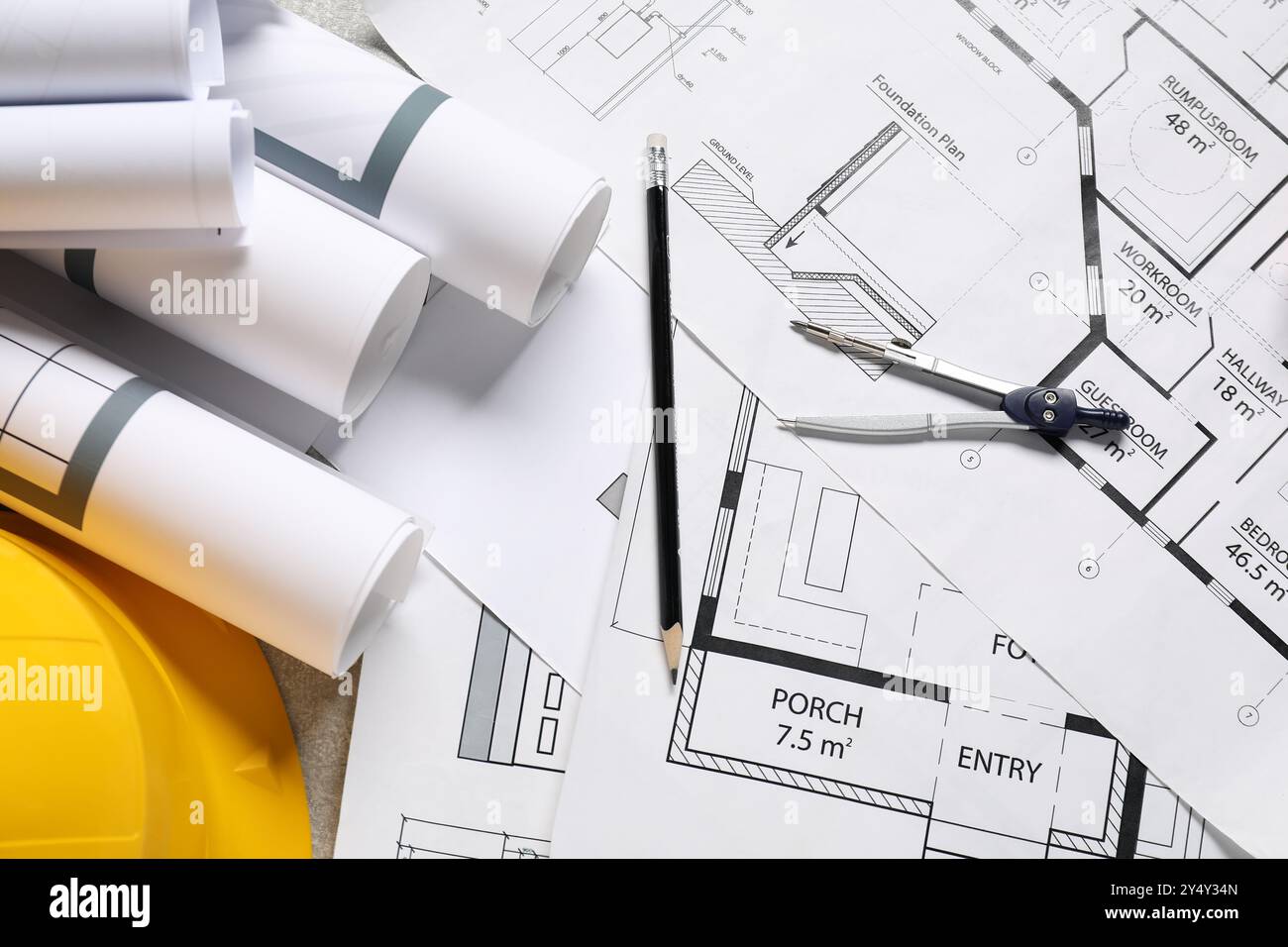 Different engineering drawings and tools on table, flat lay Stock Photo ...