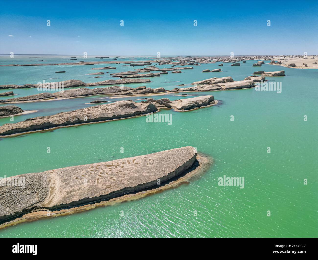 Beautiful Yadan landforms on the water of Qinghai, China, aerial ...