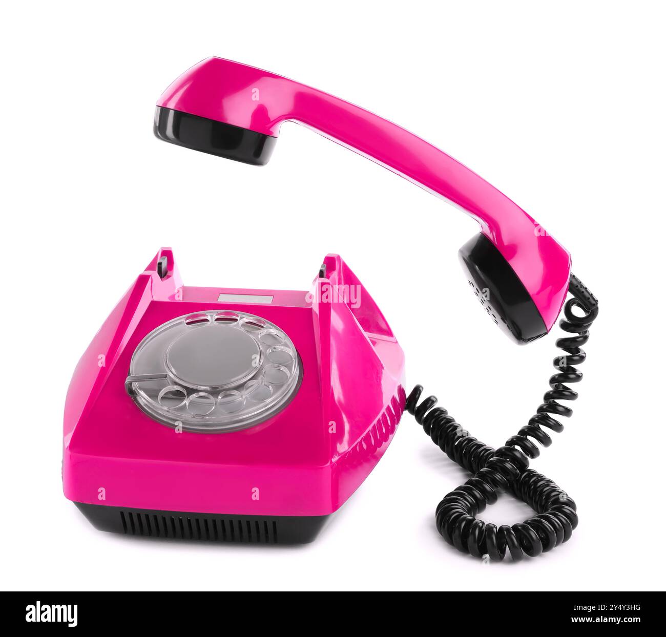 Old magenta color telephone with rotary dial isolated on white Stock ...