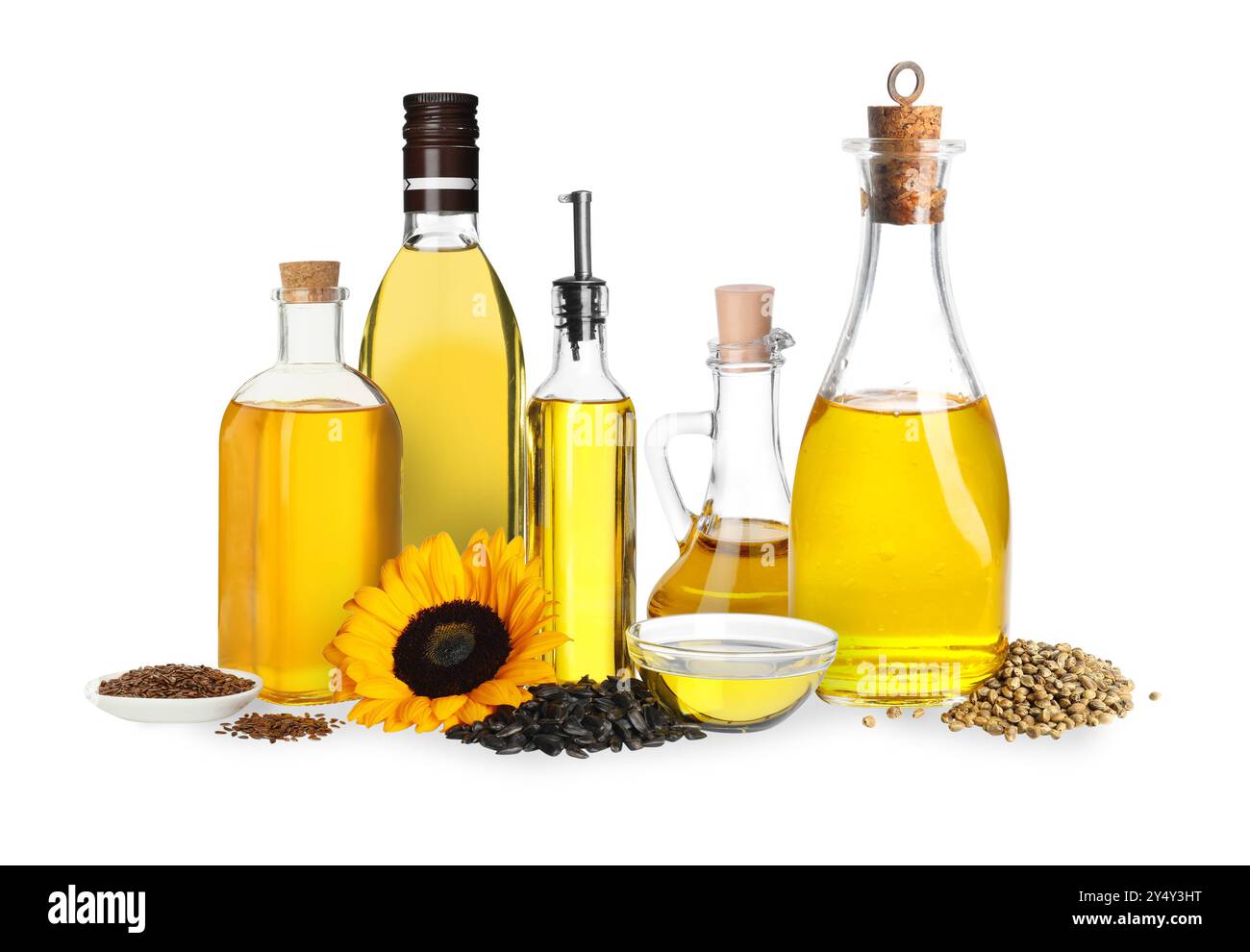 Vegetable fats. Set of different oils and ingredients isolated on white ...