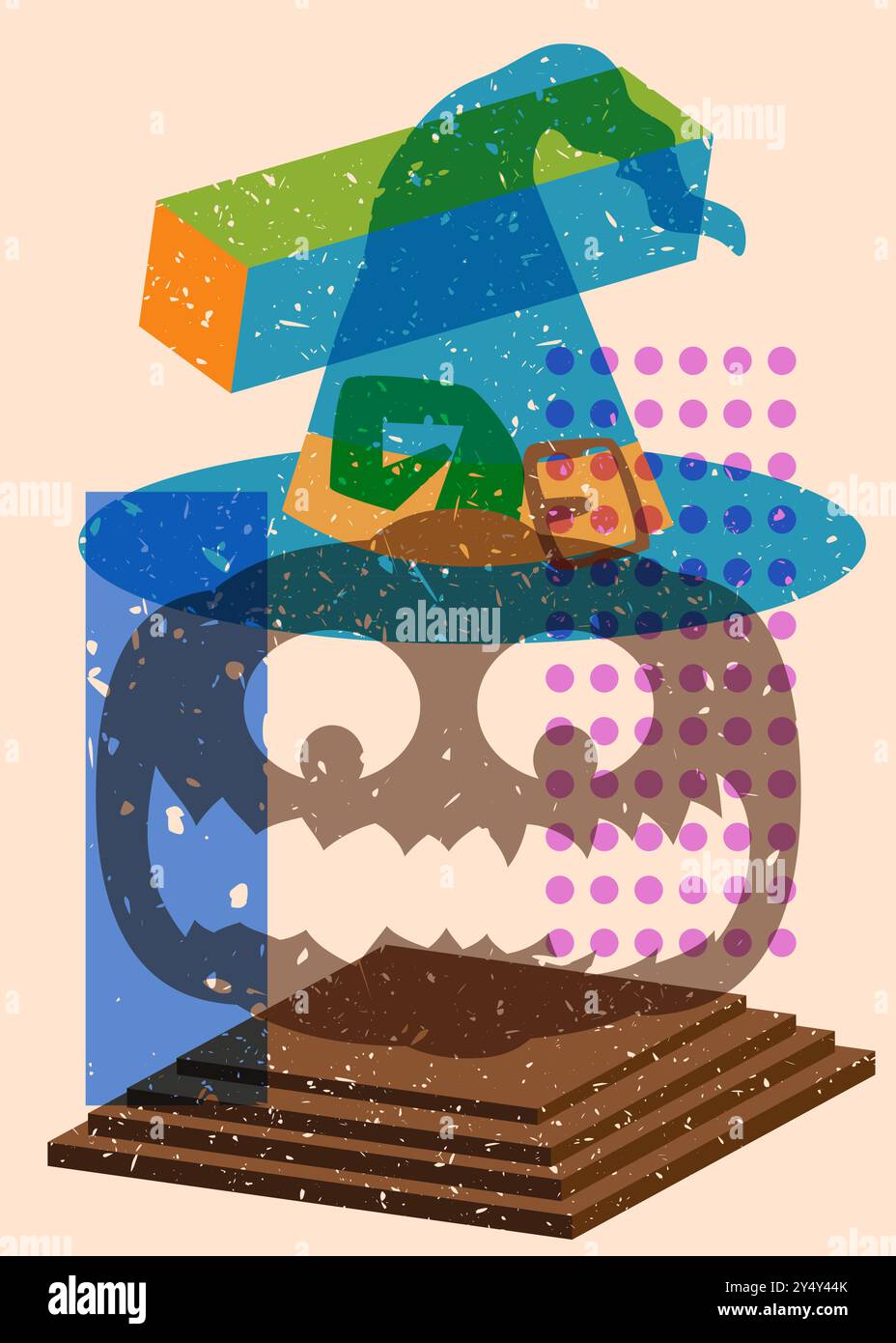 Risograph Halloween Pumpkin and Witch's Hat with geometric shapes ...