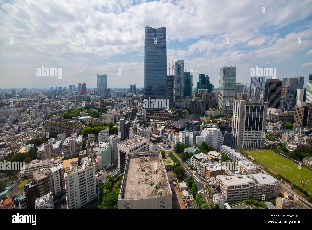 Tokyo modern city skyline aerial view including Azabudai Hills Mori JP Tower from main deck of ...