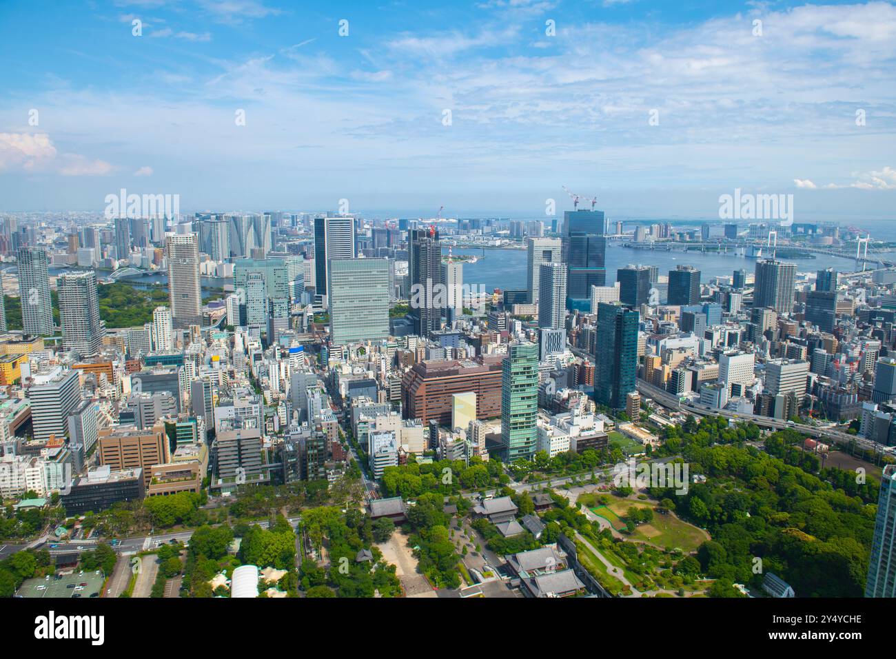 Tokyo modern city skyline aerial view including Tokyo Bay from top deck ...