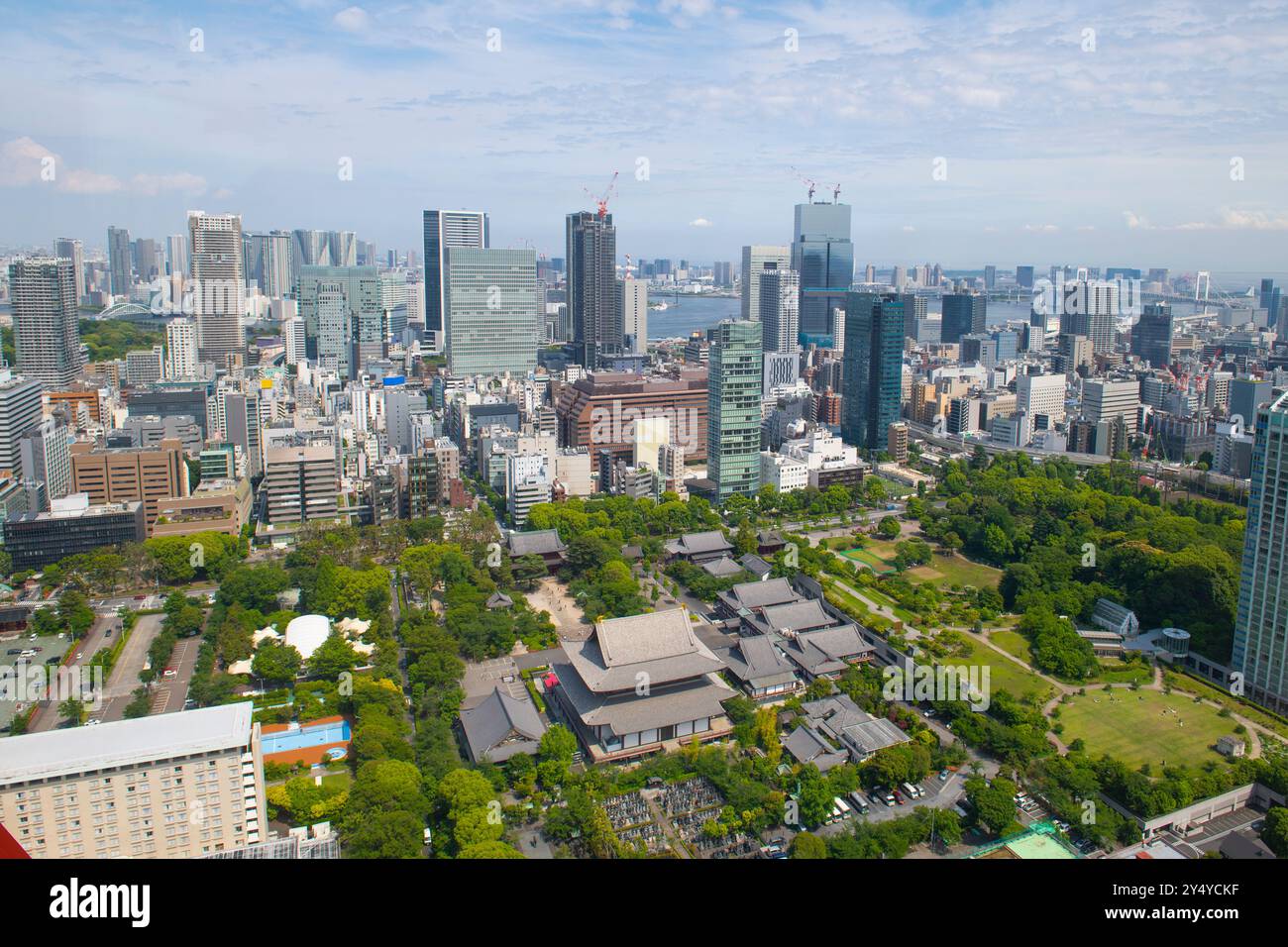 Tokyo modern city skyline aerial view including Zojo Ji Temple from top ...