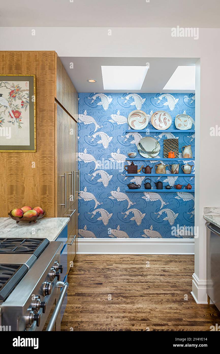 Kitchen with Asian accents and shelves to display teapot collection ...