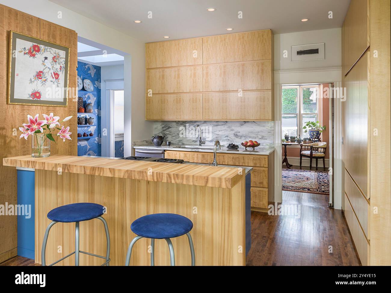 Remodeled kitchen with beautiful Japanese ash cabinets Stock Photo - Alamy