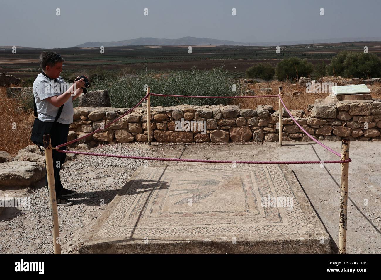 Meknes. 15th Sep, 2024. A man takes photos at the ruins of Volubilis ...