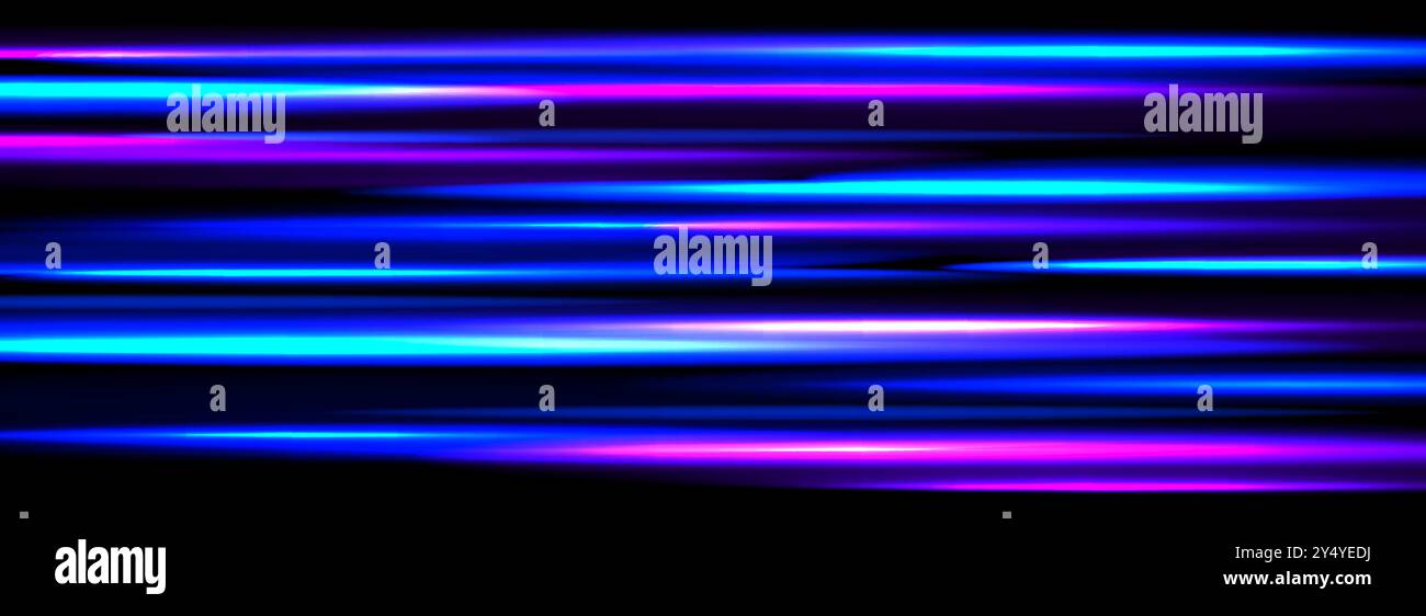 Neon glowing horizontal stripes background. Bright blue speed light ...