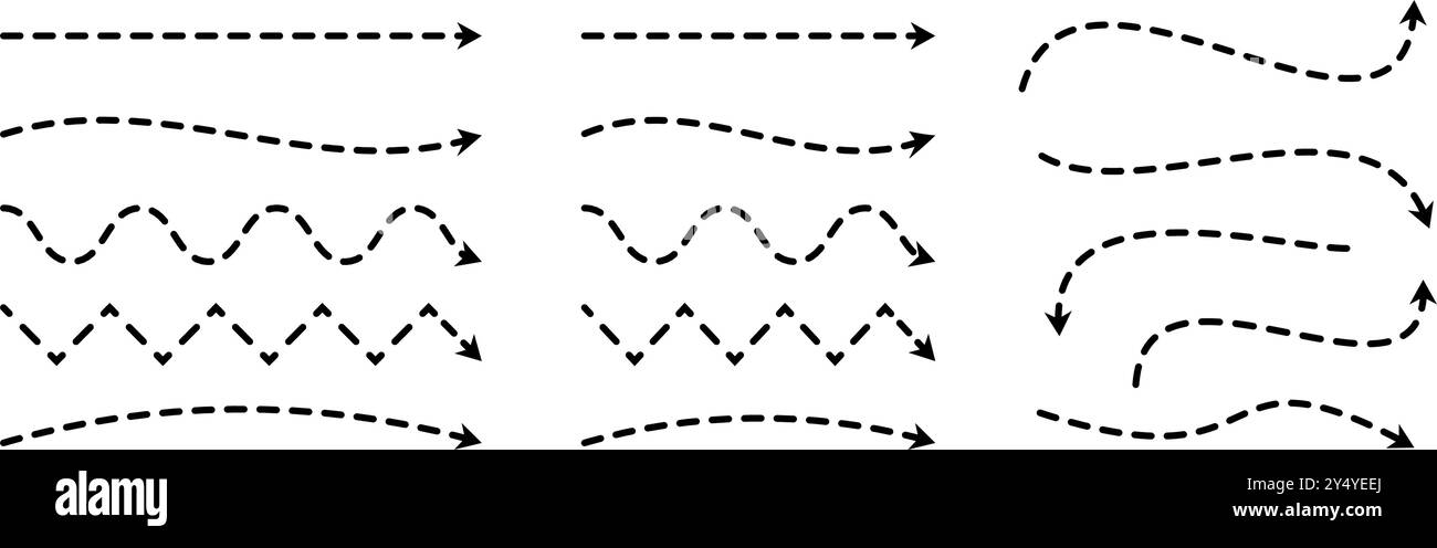 Black dashed arrows set. Wavy zigzag arrow collection. Doodle sketched ...