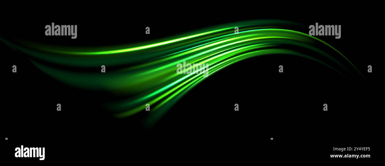 Glowing neon light trail element. Bright green speed line wave. Magic ...