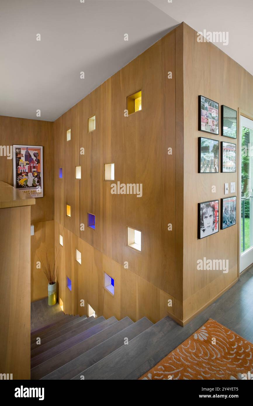 Interesting small square stained glass windows in stairwell of mid ...