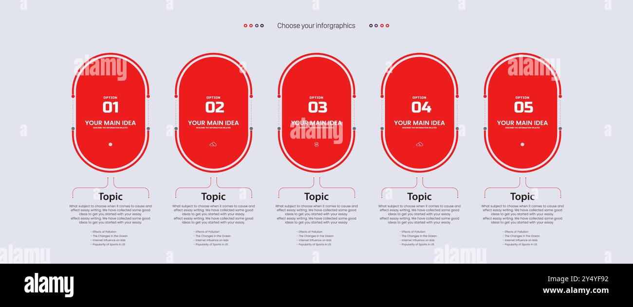 Five red Options of infographic templates design. 5 elements of modern ...