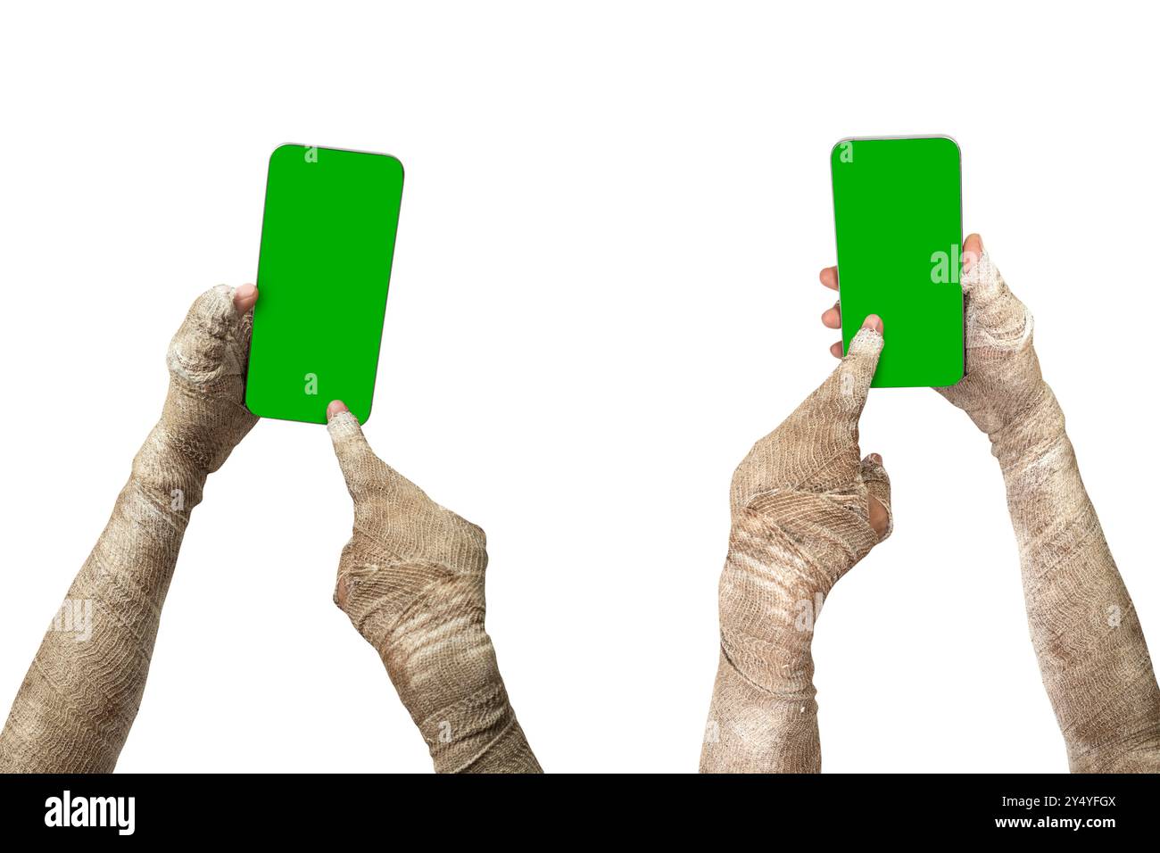 Set of mummy hands have dirty bandages on them using mobile phones or ...