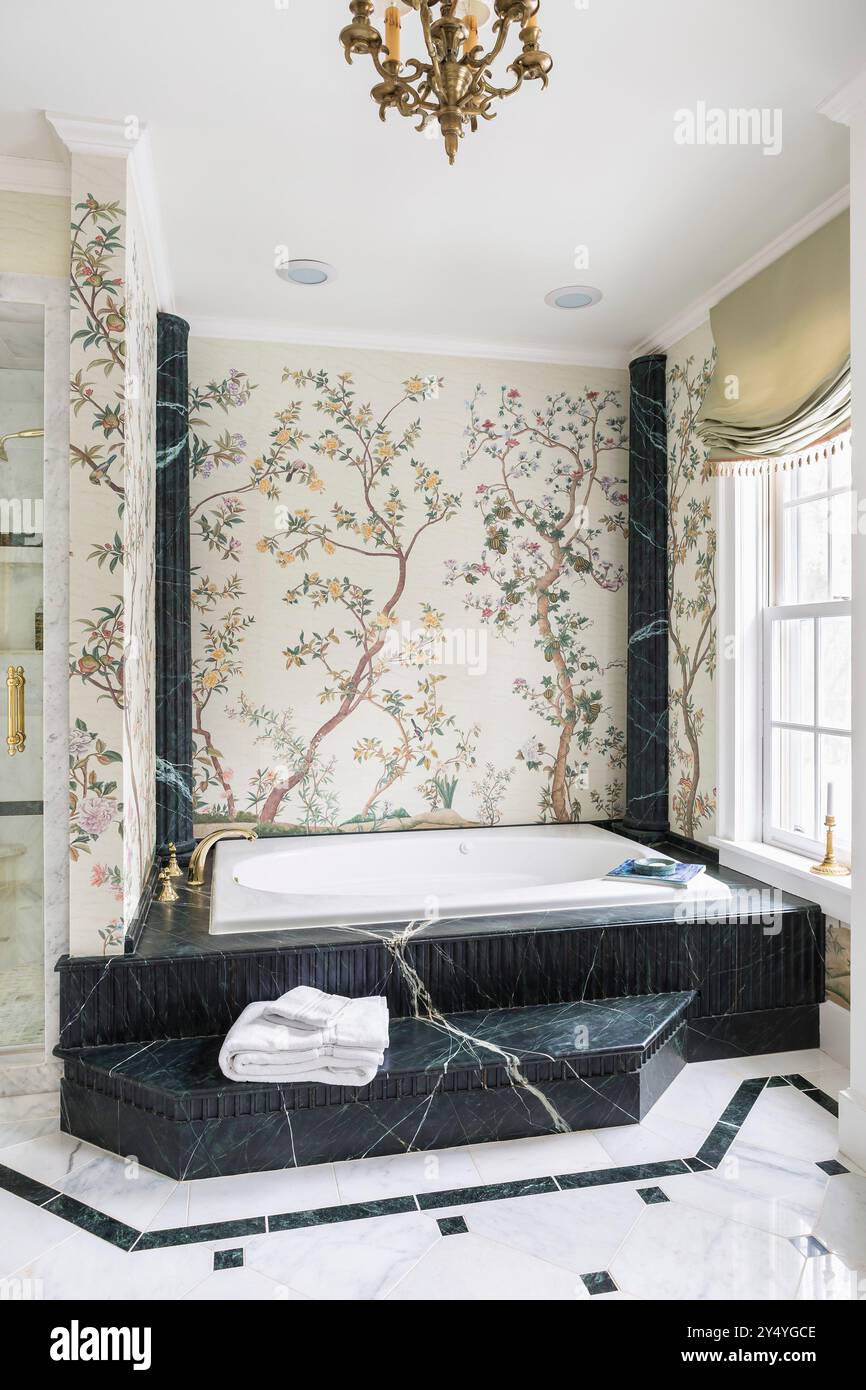 Steps up to platform bathtub in master bathroom Stock Photo - Alamy