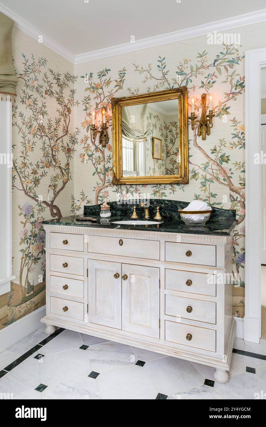 Master bathroom vanity showing marble tile floor and chinoiserie ...
