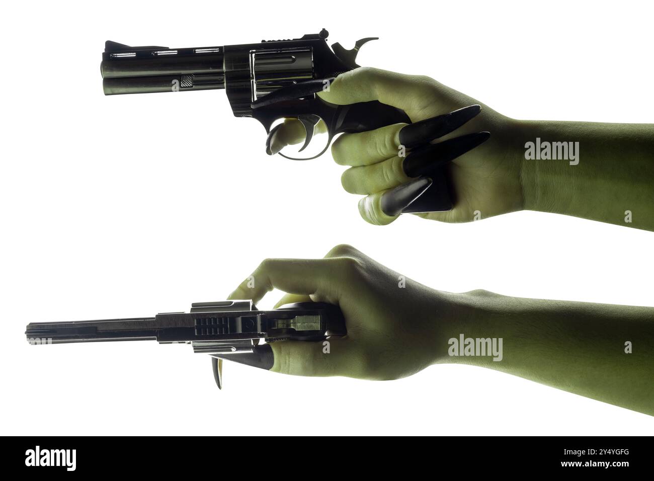 Set of witches hands holding handgun. The hand color is green. Evil ...
