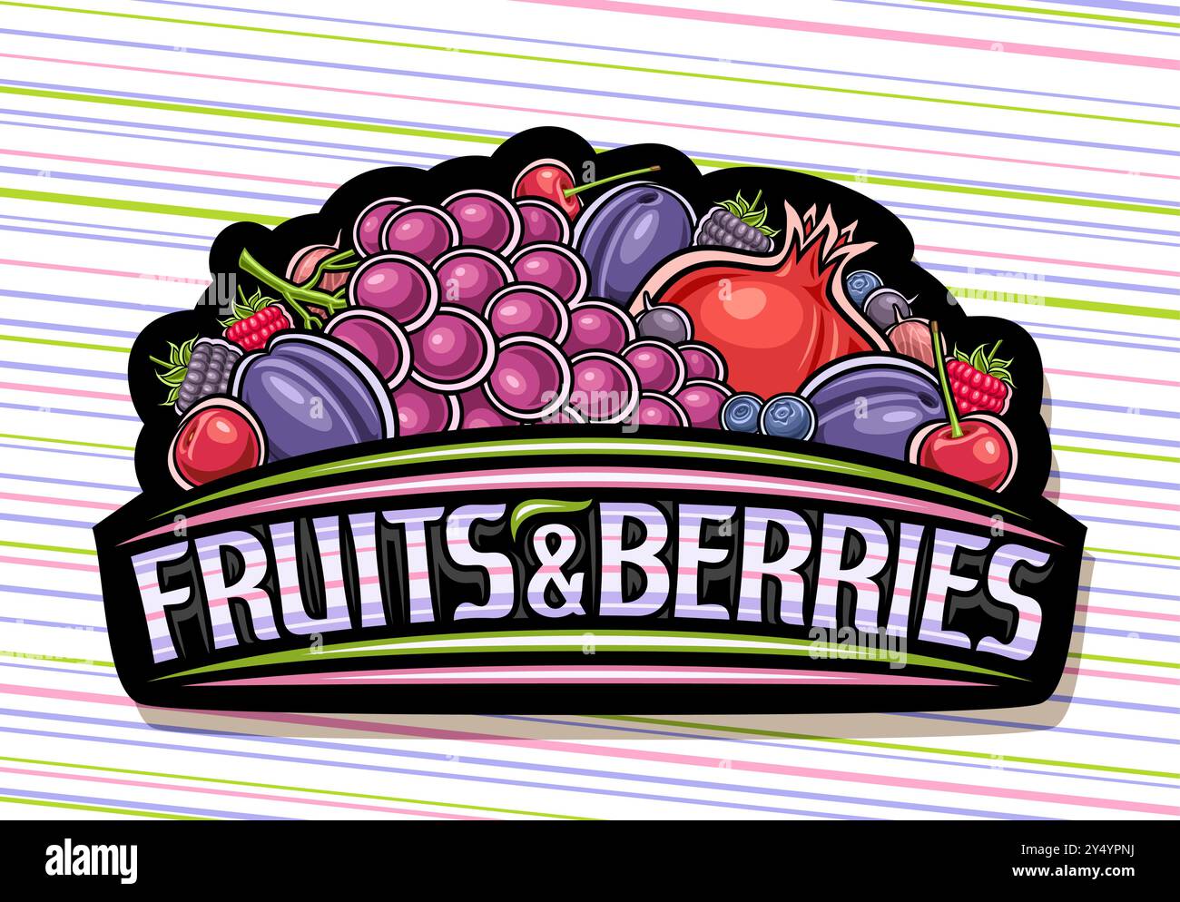 Vector logo for Fruits and Berries, dark tag with cartoon design red ...