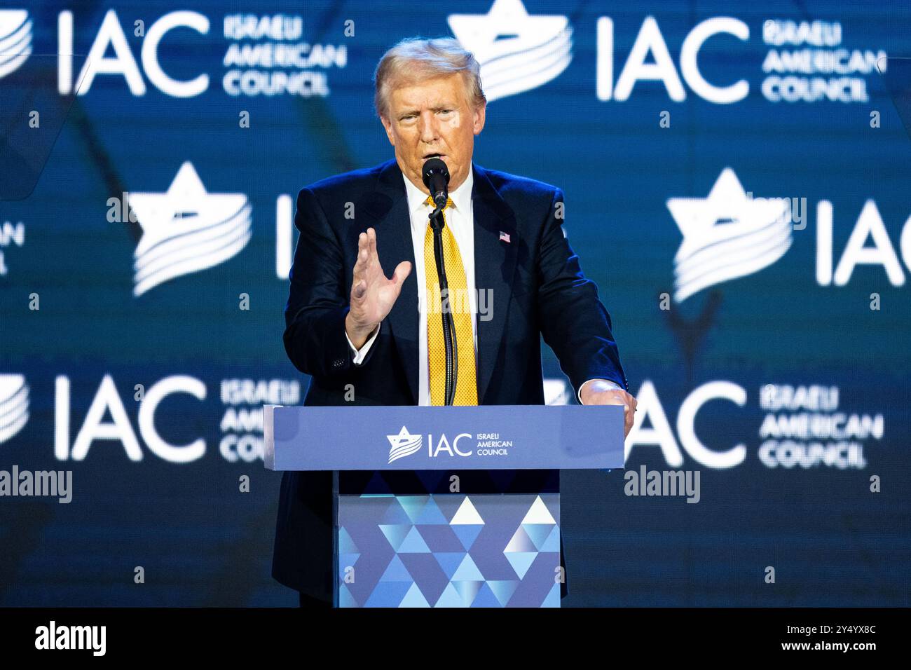 Former President Donald Trump speaking at the Israeli-American Council ...