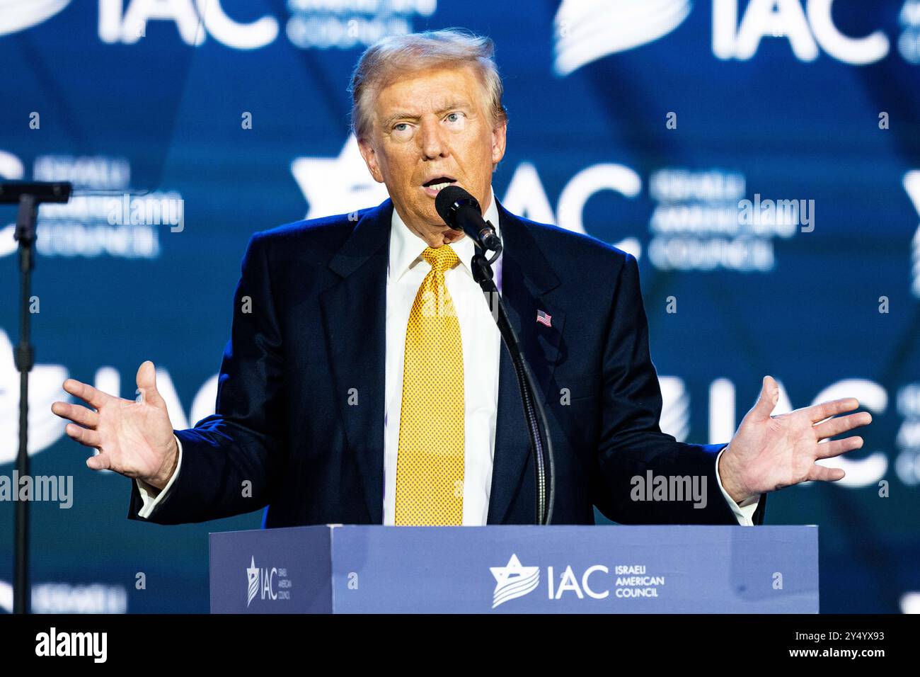 Former President Donald Trump speaking at the Israeli-American Council ...