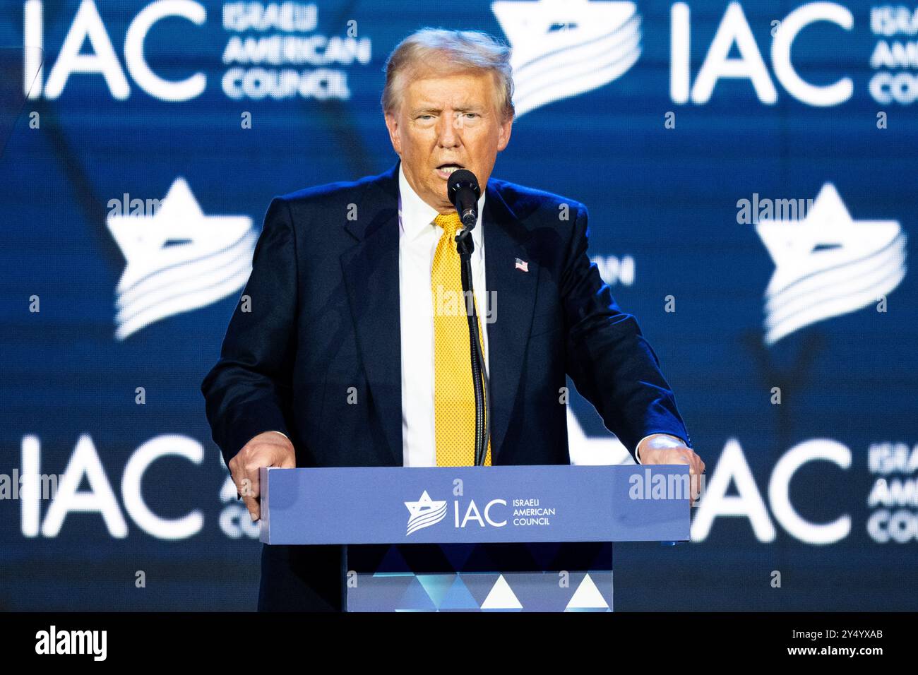 Former President Donald Trump speaking at the Israeli-American Council ...