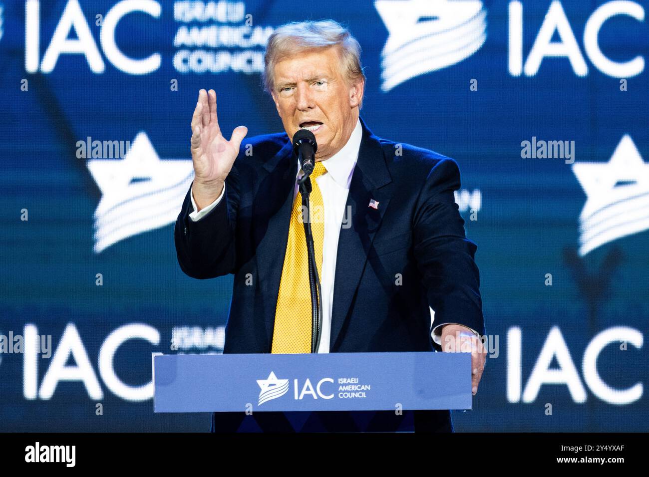 Former President Donald Trump speaking at the Israeli-American Council ...