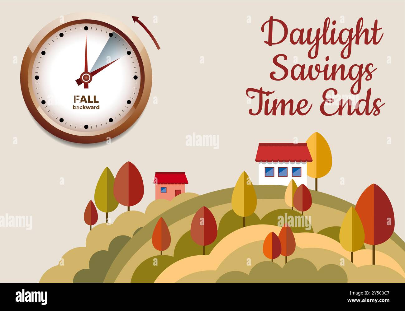 Vector illustration of a clock showing the time change when daylight savings time ends in the ...