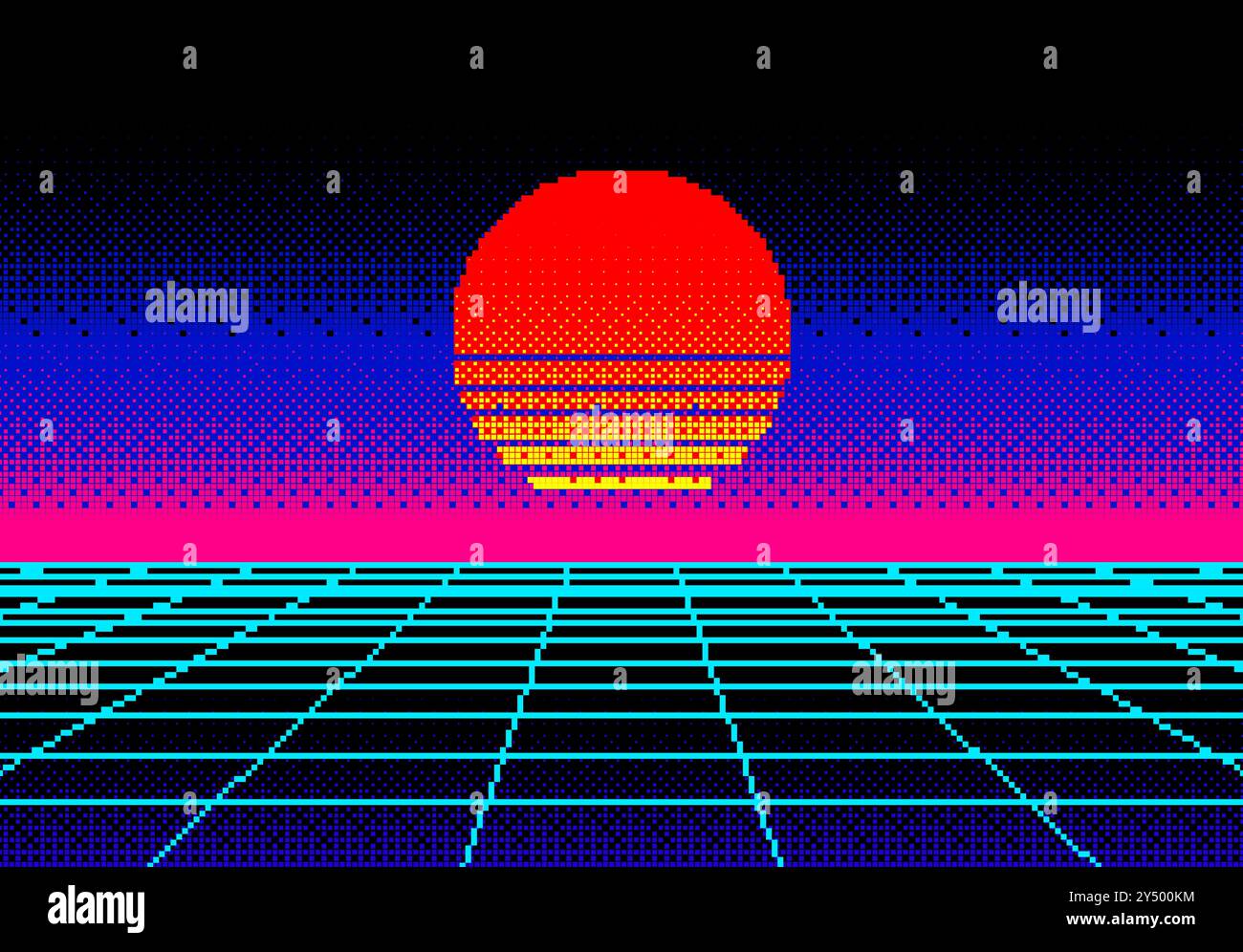Landscape with pixel sun and wireframe grid of 80s styled retro computer game. Sci-fi background ...