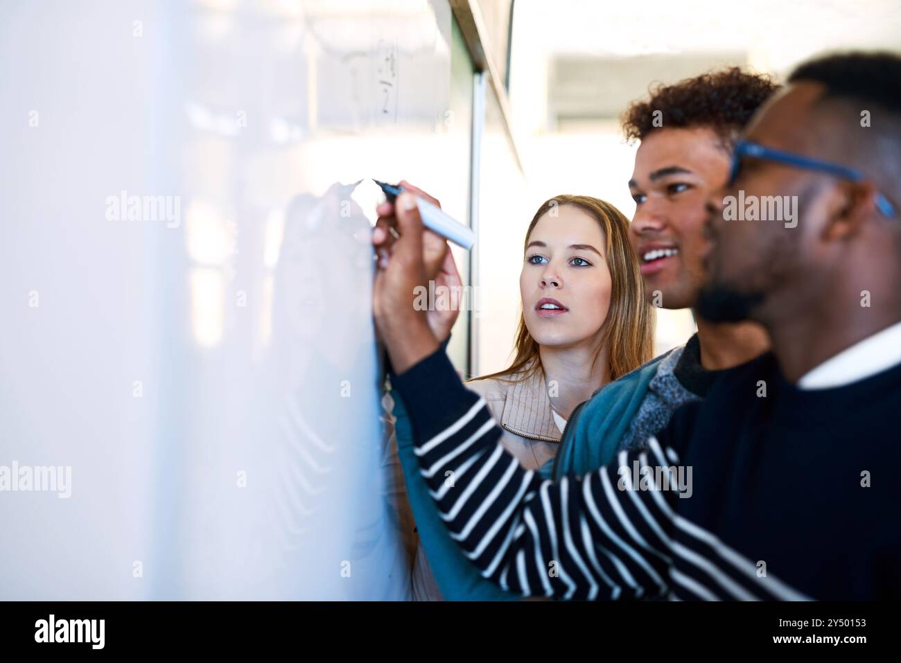 University, whiteboard and teacher with students writing for math ...