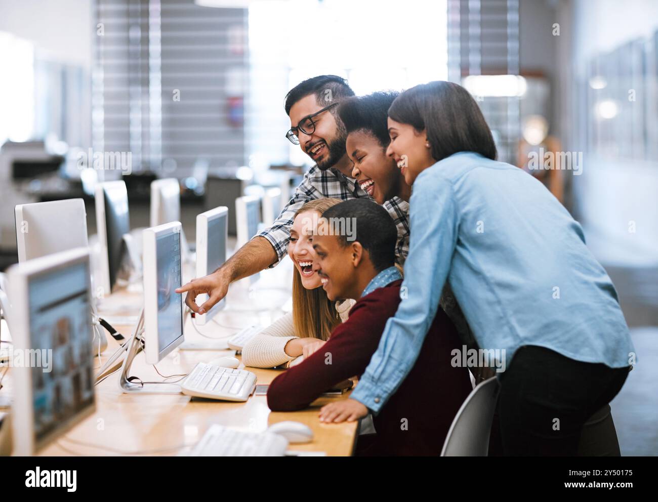 Computer, excited and friends at library for education, knowledge and ...